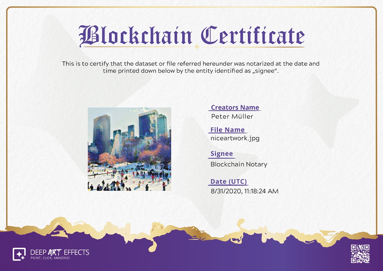 Blockchain Certificate - Deep Art AI